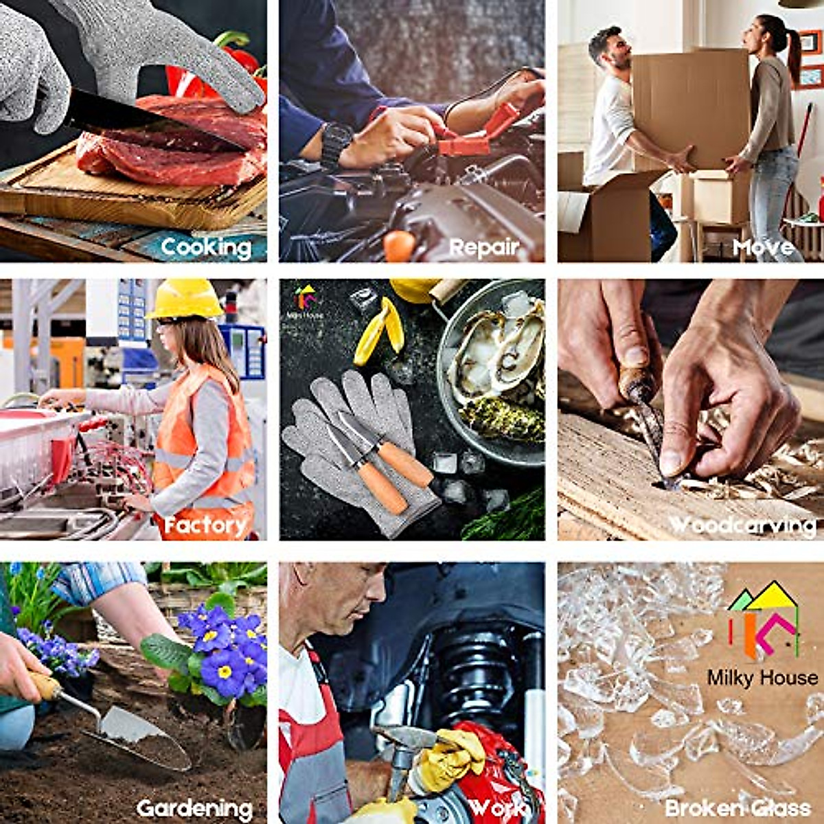 Milky House Oyster Shucking 4 Pieces Set, Oyster Shucker Opener Tool Oyster Shucking Knife with Level 5 Protection Food Grade Cut Resistant Gloves, XL