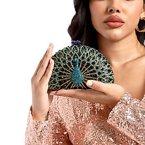 Boutique De FGG Peacock Crystal Clutch Bag Women Formal Evening Handbags Bridal Wedding Rhinestone Clutch Purse Party Bag, Mini, Light Blue