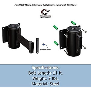 Crowd Control Warehouse - CCW Series WMB-120 Fixed Wall Mount Retractable Belt Barrier - 11 Foot, Black Belt with Black Steel Case