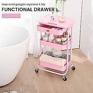 TOOLF Rolling Storage Cart with Drawer & Table Top, 3 Tier Metal Rolling Utility Cart, Rolling Cart Organizer for Teacher Craft Baby Nursery, Utility Cart for Kitchen Bathroom Bedside Office(Pink)