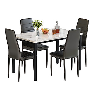 AWQM 5 Pieces Dining Table Set, Kitchen Table Set with Faux Marble Top Table and 4 Faux Leather Upholstered Chairs for Kitchen, Breakfast Nook, Dining Room, White+Black