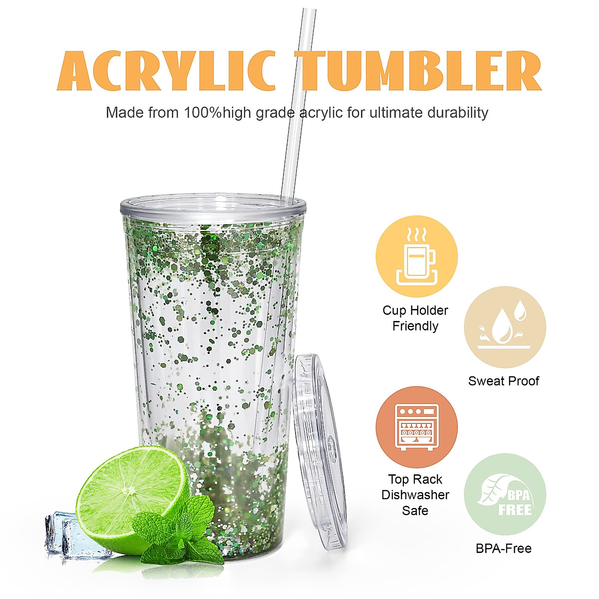 sweet grain Acrylic Tumbler with Lid and Straw 20oz Double Wall Plastic Insulated Tumblers Set of 4, Reusable Large Iced Coffee Tumbler for Snow Globe Glitter DIY