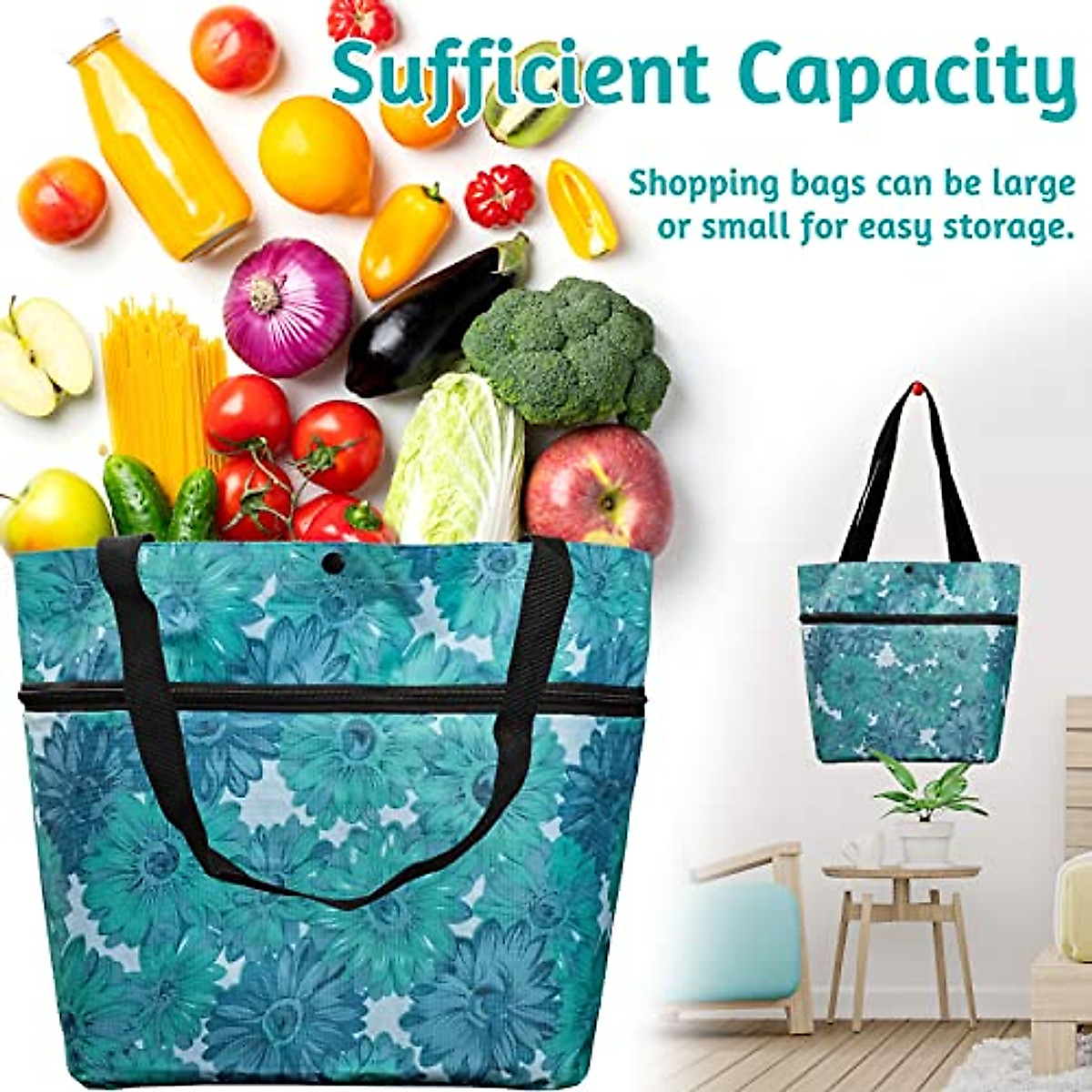 Foldable Shopping Bag with Wheels, Collapsible Portable Trolley Bags, Tote Grocery Bags Shopping Cart