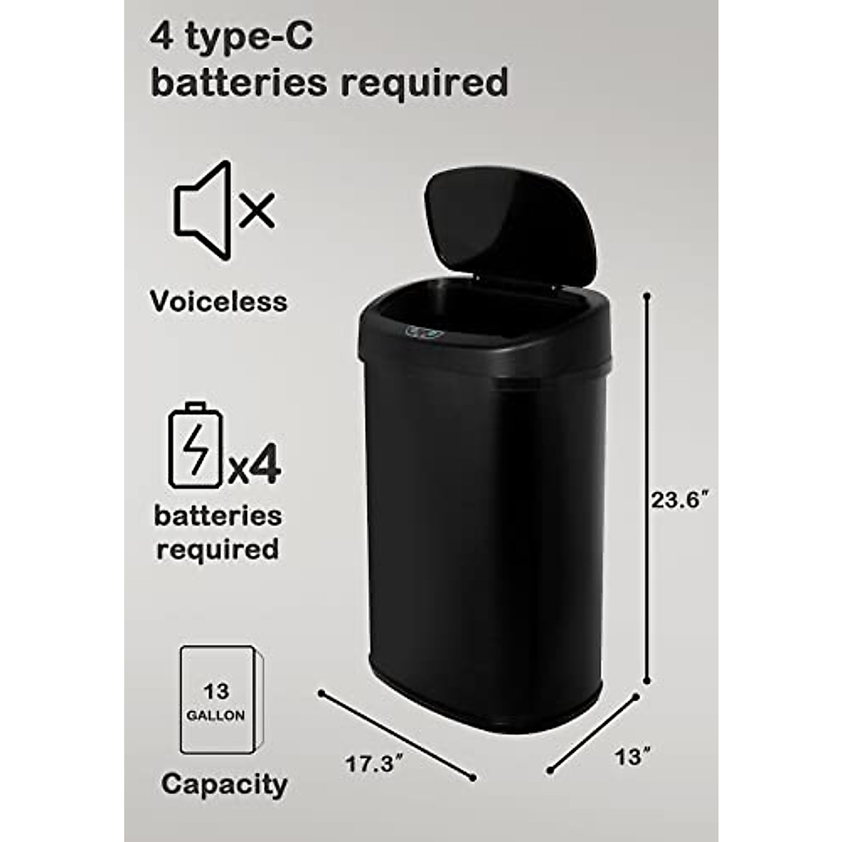 BIQWBIC 50L/13Gal Automatic Trash Can for Home and Kitchen, Large Stainless Steel Kitchen Trash Can Motion Sensor Garbage Can Fingerprint-Resistant Trash Cans, Soft Close Lid (Black)