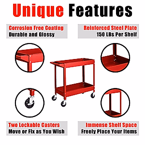 Torin Service Utility Cart Heavy Duty 2 Shelf Tier 300 LBs Rolling Trolley Storage Organizer for Garage Warehouse Workshop, APTC304B , Red