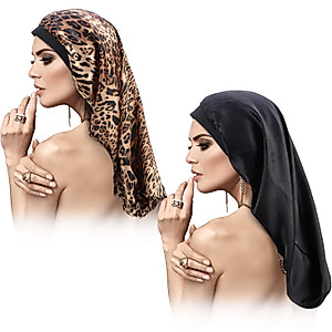 2 Pieces Sleeping Bonnet for Braids, Long Satin Bonnet Sleep Cap Soft Elastic Band Loose Cap Bonnets for Long Hair, Braids, Dreadlocks, Curly Hair (Leopard Print)