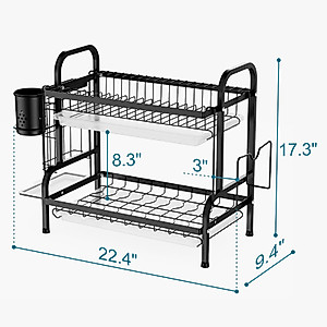 iSPECLE Dish Drying Rack - 2-Tier Dish Rack with Utensil Holder, Cutting Board Holder and Dish Drainer, Metal, for Kitchen Counter, Black
