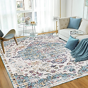 VK VK·LIVING Machine Washable Rug 4'x6' Vintage Design Washable Area Rugs with Non Slip Rugs for Living Room Bedroom Traditional Woven Rug Carpet Stain Resistant Dining Home Office Boho Rug,Cyan&White