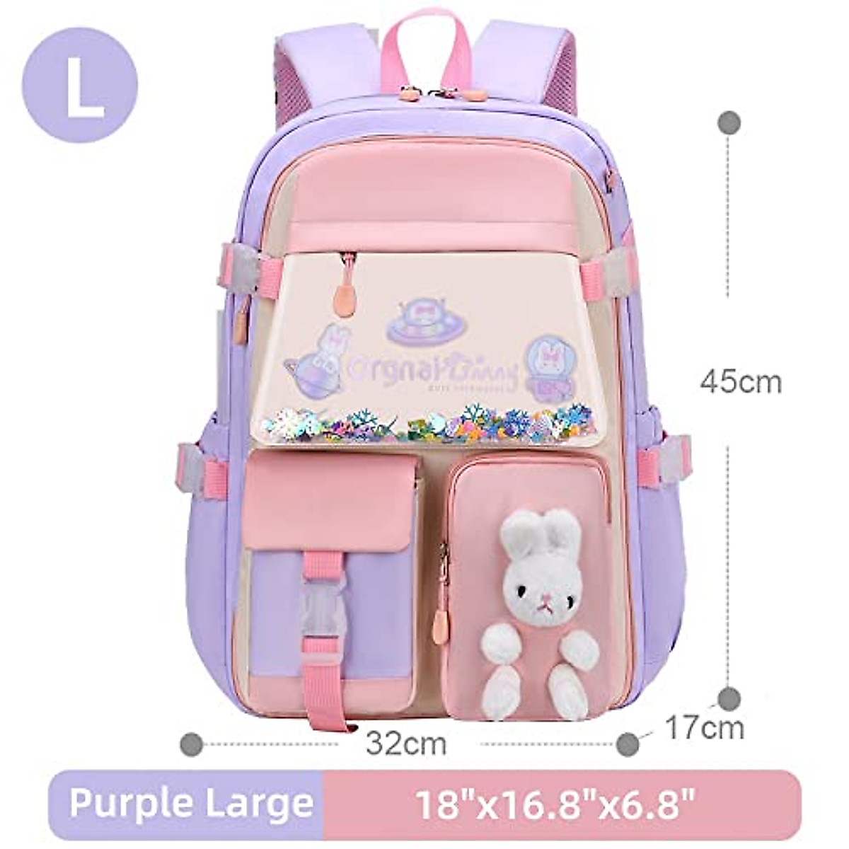 damdos Toddler Cute Backpack Kawaii Girls Bunny School Backpack,Lightweight Refrigerator Elementary Middle School Backpack Bookbag,Girls Backpack With Kawaii Pin Bunny Birthday Gifts(PURPLE,Large)