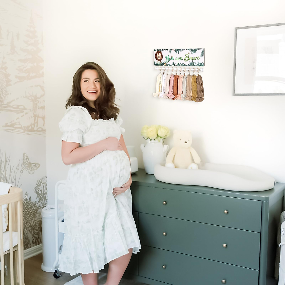 POVETIRE Pacifier Clip Holder Baby Bibs Organizer, Neutral Baby Bandana Drool Bibs Holder - Baby Burp Cloths Organizer Storage Hanging Wall Decor for Nursery Newborn Infant Girls and Boys Room