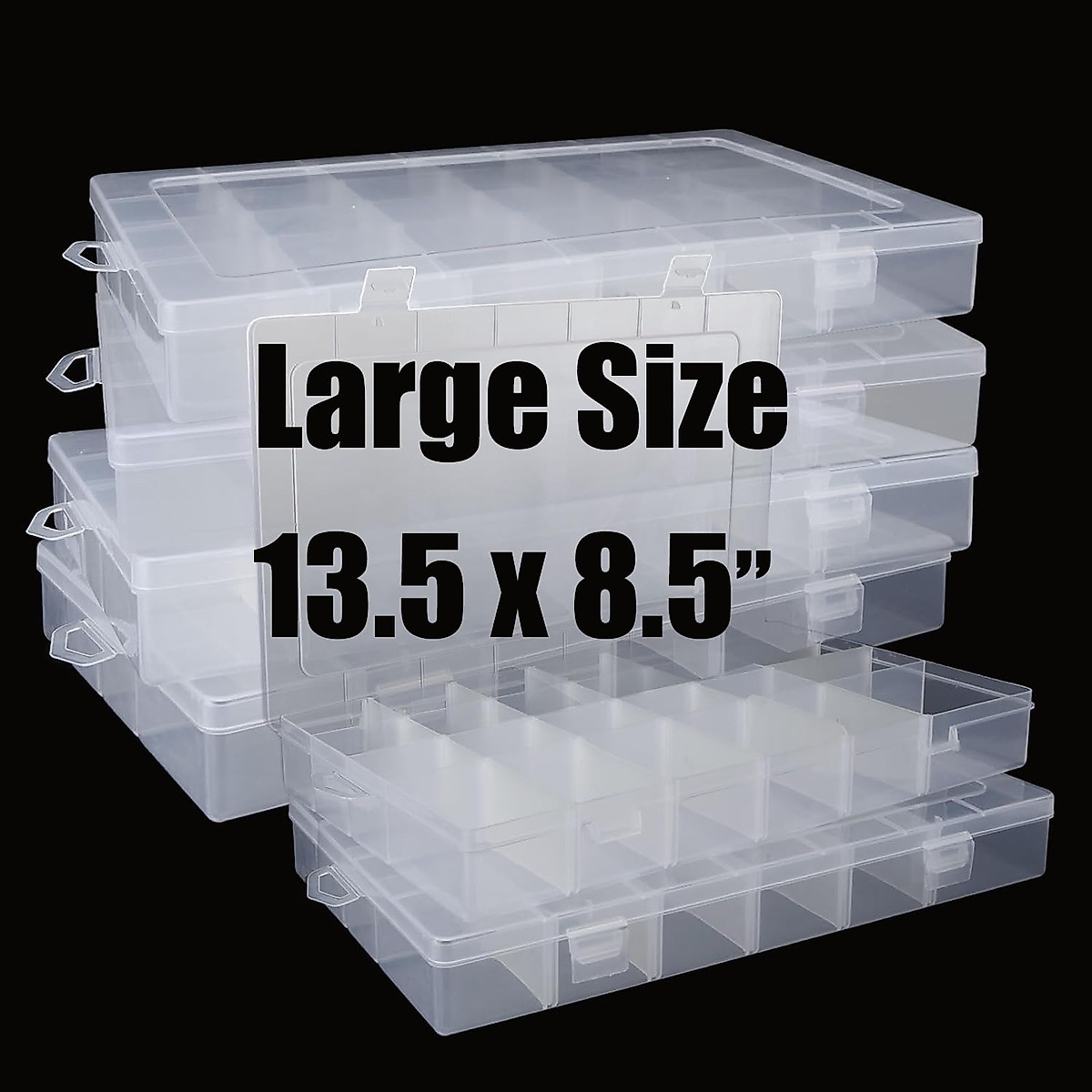 4Pack Large 24 Grids Plastic Organizer Box with Dividers - 24 Compartment Organizer, Clear Tackle Box Organizers and Craft Storage with Adjustable Removable Divider, Fishing Organizer Box for Art DIY