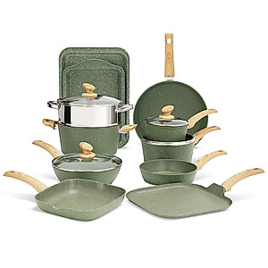 MAISON ARTS 17-Piece Pots and Pans Set - Kitchen Cookware Sets with Nonstick Granite Stone Coating, Suitable for Induction Cooktops, Green