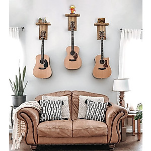 Keebofly Guitar Wall Mount,3 Pack Guitar Wall Hangers Guitar Stand Wall with Pick Holder Guitar Rack for Acoustic or Electric Guitars,Ukulele,Bass,Mandolin,Rustic Wood Brown,[Patented]