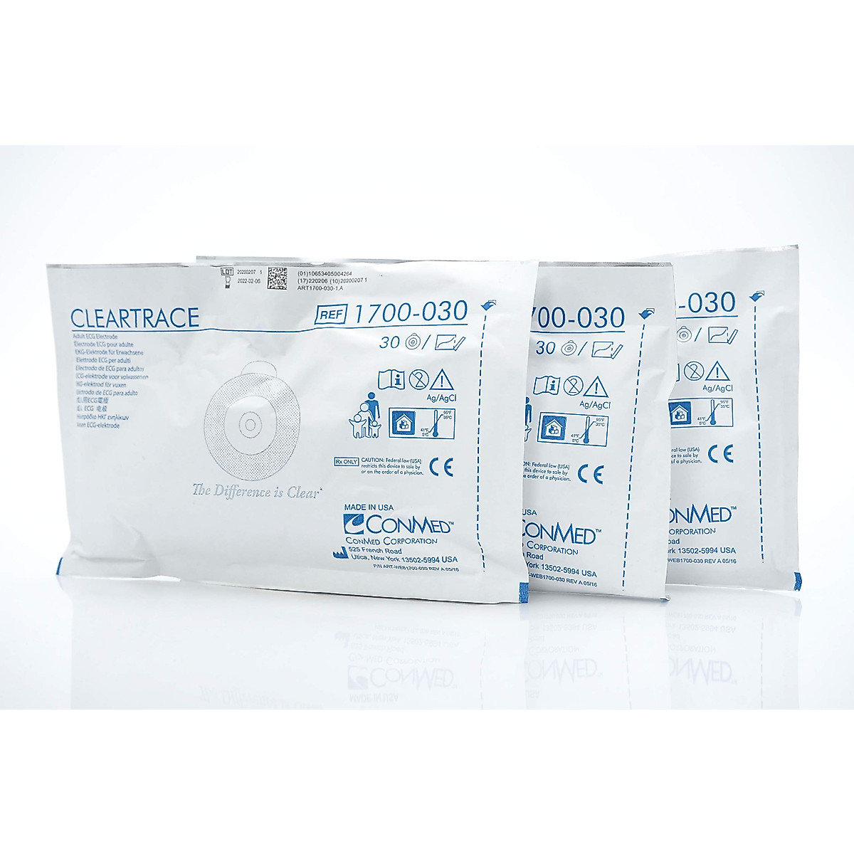 ConMed 1700-030 Cleartrace Adult ECG Electrodes, General Purpose Tape, 20" x 30" Size, Pack of 600