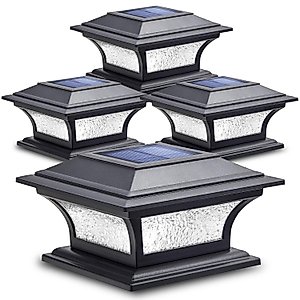 SIEDiNLAR Solar Post Lights Outdoor Glass LED Fence Cap Light 2 Modes for 4x4 5x5 6x6 Posts Deck Patio Garden Decoration Warm White/Cool White Lighting Black (4 Pack)