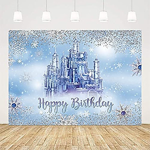AIBIIN 7x5ft Winter Happy Birthday Backdrop for Baby Blue Winter Onederland Castle Glitter Snowflake Wonderland Photography Background Princess Prince Bday Party Decoration Banner Photo Booth Studio