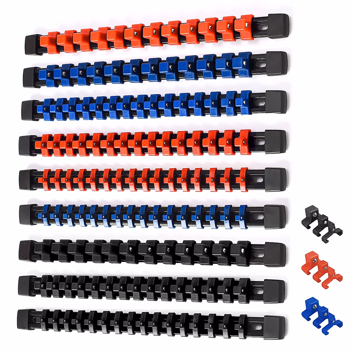 ALOANES 9PC ABS Socket Organizer, 1/2 inch, 3/8 inch and 1/4 inch Drive Socket Rail Holders, Heavy Duty Socket Racks, Black Rails with Red Blue Black Clips