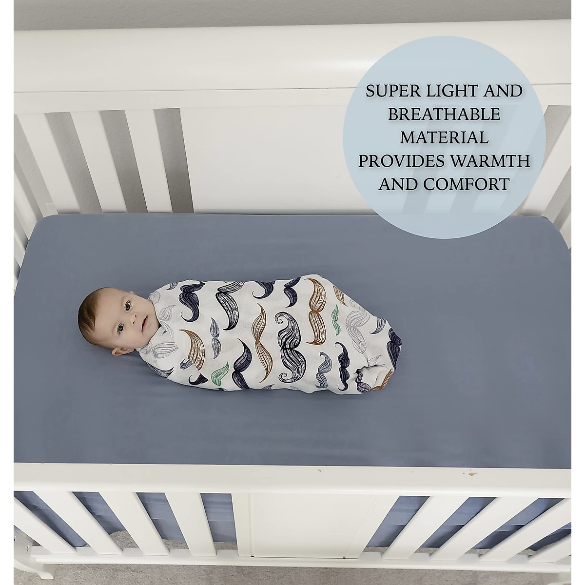 Noisy Mouse 47" x 47" Muslin Swaddle Blanket. 70% Bamboo, 30% Cotton. Little Man Mustache Pattern…