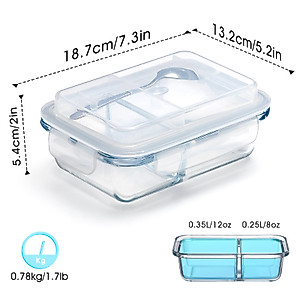 NUTRIUPS 0.6L/20 Oz Glass Meal Prep Containers, Glass Bento Box for adults, Lunch Containers with Lid, Glass Food Container with 2 Split Compartments-Microwavable