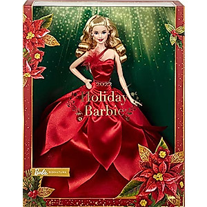 Barbie Signature 2022 Holiday Barbie Doll (Blonde Wavy Hair) with Doll Stand, Collectible Gift for Kids Ages 6 Years Old and Up