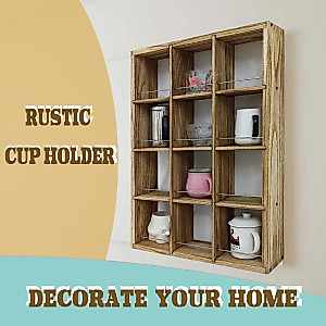 YIYUESHIJIU Wall Mounted Coffee Mug Display Rack, 17x25 Large Wooden Display Shelves Cup Holder Shadow Box Shelf Rustic Mug Rack Shot Glasses Display Case with 12 Compartment (Carbon)