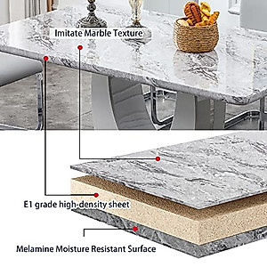 JUFU Modern Dining Table Set for 6,Rectangula Kitchen Table Set with Faux Marble Tabletop＆6 Pu Leather Upholstered Chairs Ideal for Dining Room, Kitchen (Light Grey, 1 Table with 6 Chairs)