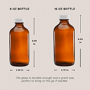 Native Vanilla Glass Amber Boston Round Bottles - 16 oz - White Ribbed Cap - (Pack of 12)