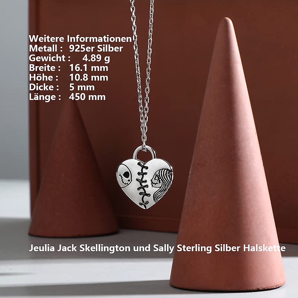 Jeulia Jack Skellington and Sally Heart Necklace 925 Sterling Silver The nightmare before Chirstmas Pendant Necklace Halloween Chrismas Romantic Jewelry Gift for Women Men Girlfriend