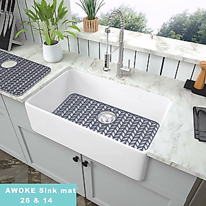 AWOKE Silicone Sink Protectors for Kitchen Sink, 26''x 14'' Folding Non-slip Sink Mat Grid, for Bottom of Farmhouse Stainless Steel Porcelain Sink with Rear Drain (Grey)