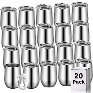 20 Packs Wine Tumblers Insulated Cups with Lids, 12 oz Stainless Steel Stemless Wine Tumblers Double Layer Vacuum Wine Glasses Tumbler Cup Coffee Mug for Hot Cold Drink