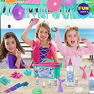 Summer Mermaid Slime Kit for Girls 10-12, FunKidz Shimmer Slime Making Kit for Kids Age 8-10 D.I.Y. Fluffy Glitter Slime Toy Mermaid Gift