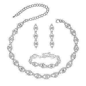 Miraculous Garden 3 Pack Silver Plating Rhinestone Crystal Choker Necklace Link Bracelet Dangle Earrings Jewelry Sets for Women Girls
