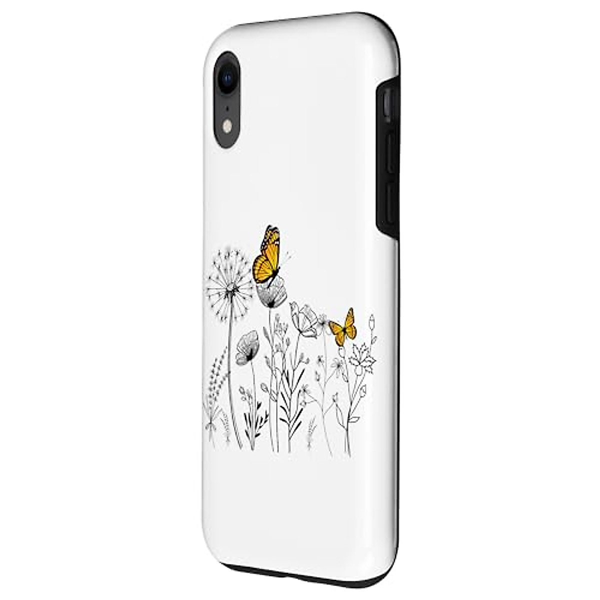 iPhone XR Retro Sketch of Botanical Wildflowers & Yellow Butterflies Case