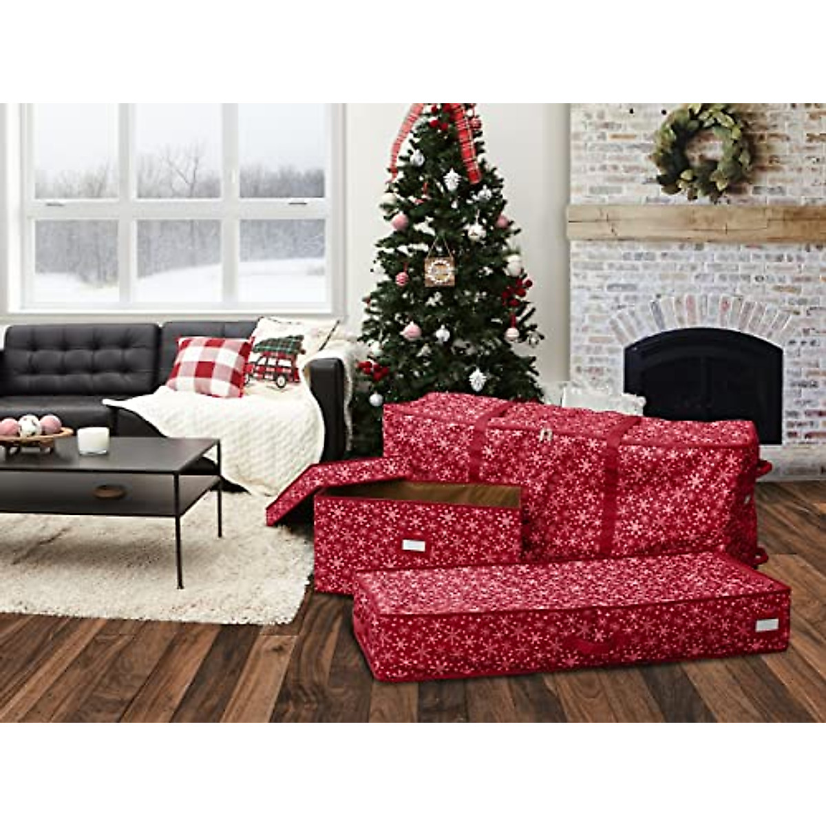 Covermates Keepsakes Underbed Storage Bag - Carrying Handles, Mesh Interior Pocket - Holiday Storage-Red Snowflake