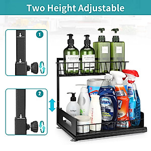Coyeth Under Sink Organizer, Height Adjustable Metal 2-Tier Pull Out Cabinet Organizer Under Kitchen Sink Organizer, L Shaped Slide Out Sink Shelf, Under Cabinet Storage for Kitchen Bathroom