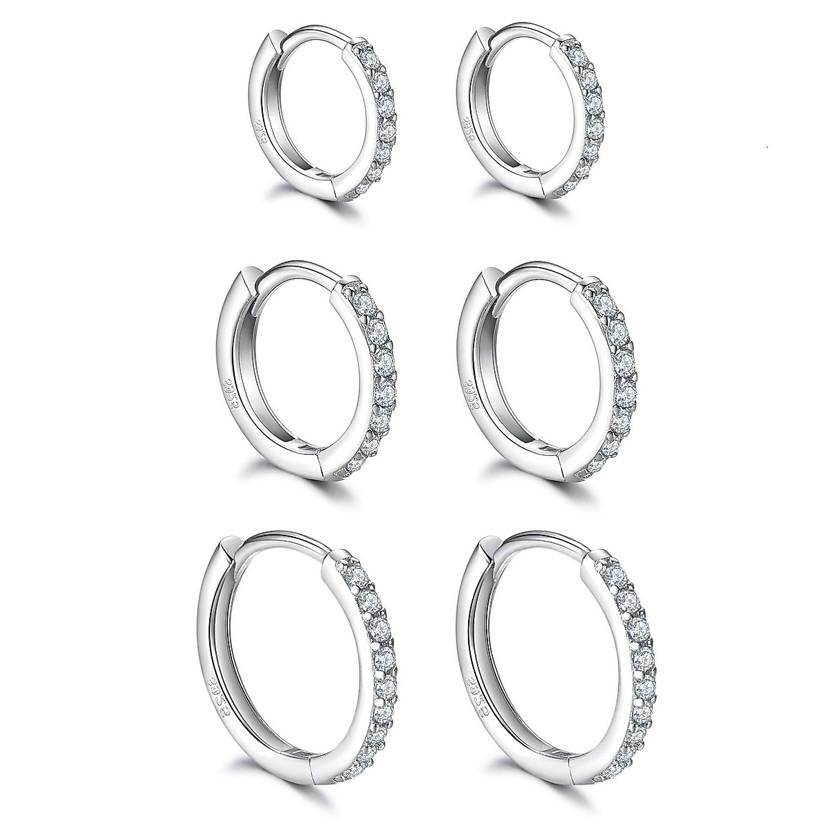 925 Sterling Silver Small Hoop Earrings Cubic Zirconia Huggie Tiny Earrings,3 Pairs 14K White Gold Plated Cartilage Piercing Earrings Ear Cuff for Women Men 8mm 10mm 12mm
