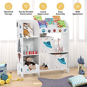 HONEY JOY Kids Toy Storage Organizer, Wooden Storage Unit with 2 Storage Boxes, Toddler Storage Display Bookshelf Daycare Furniture for Playroom, Children’s Room, Living Room(Planet)