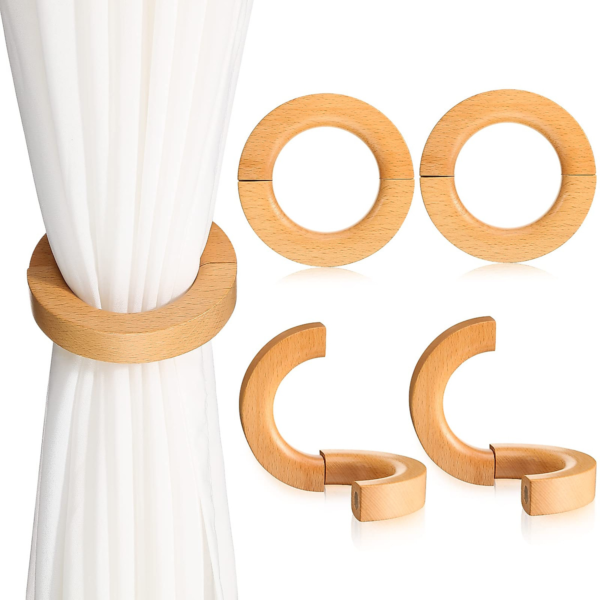 4 Pcs Magnetic Wooden Curtain Tiebacks Holdbacks Modern Decorative Drapes Holders Wooden Curtain Clips Round Boho Tie Backs for Curtains Buckles for Home Room Window Decoration, 2.36 Inch, Burlywood