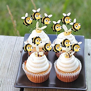24 PCS Bumble Bee Cupcake Toppers Little Figurine Bee Cupcake Picks Oh Babee Cake Decorations for Bee Theme Baby Shower Kids Boys Girls Birthday Party Decoration Supplies