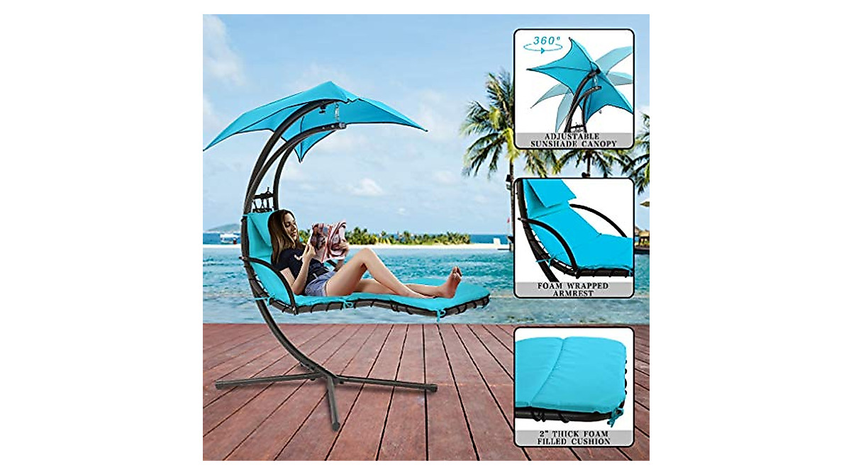 FDW Blue Floating Chaise Lounge Chair with Canopy - Outdoor & Indoor Swing