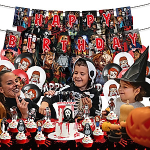 Horror Classic Movie Birthday Supplies, Horror Themed Character Party Decorations Includes Banners, Cake Toppers, Balloons, Cupcake Toppers, Backdrop, Tablecloths, Scream Party Gift for Fans Kids