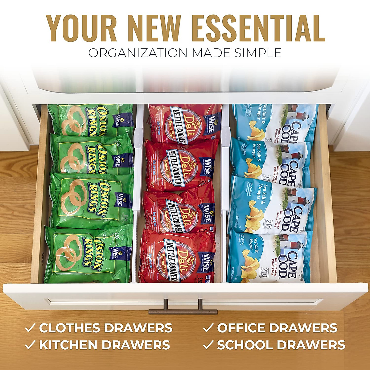 RAPTUROUS Deep Drawer Divider 3 Pack, [6 Inch Tall, 13-22"] Long Expandable, Adjustable Drawer Dividers for Clothing, Clothes, Dresser, Kitchen, Strong & Sturdy Hold, Soft Foam Edges（White）