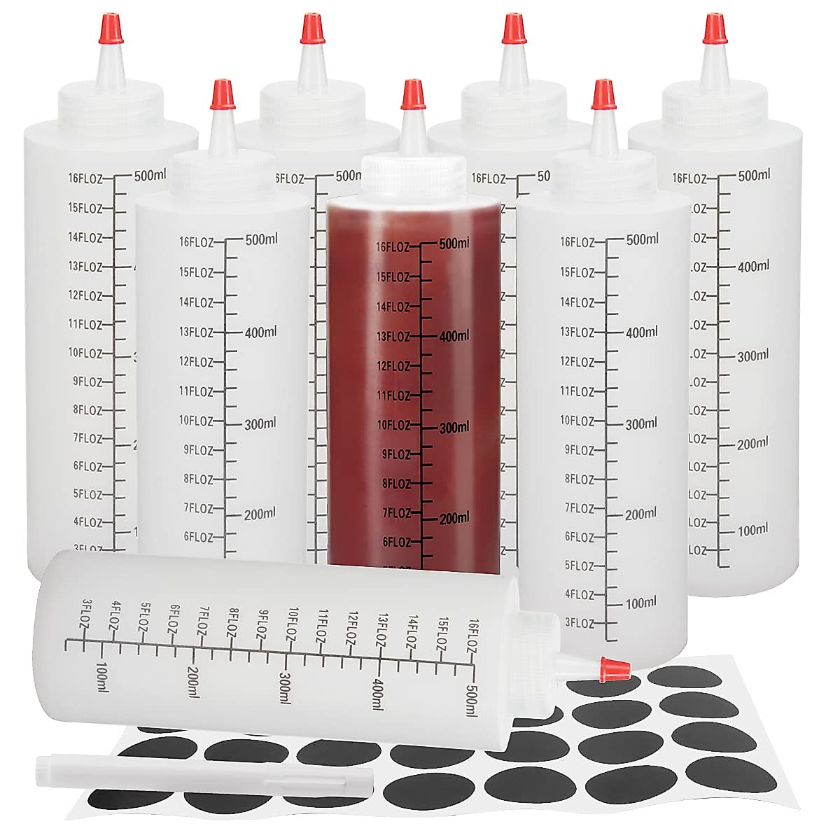 Squeeze Bottles, 8 Pack of 16 oz Condiment Squeeze Bottles, Plastic Squeeze Squirt Bottle with Red Cap - for Ketchup, Sauces, Icing, Cookie Decorating, Crafts, Liquids