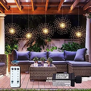 PXBNIUYA 5 Pack 1000LED Plug in Starburst Sphere Lights,Firework Lights 8 Modes Dimmable Remote Control Waterproof Hanging Fairy Light, Copper Wire Lights for Patio Party Tent Christmas (Warm White)