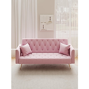TZXTW Comfy Loveseat with Adjustable backrest,Convertible Sleeper Sofa Bed with Gold Leg and 2 Pillows,Upholstered Futon Sofa,Small Couches for Small Spaces,Living Room,Bedroom,Apartment,Office,Pink