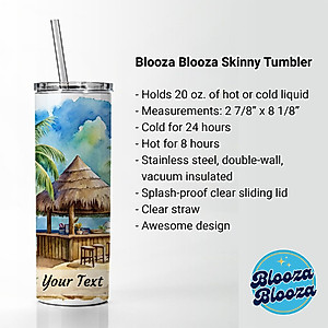 Personalized Custom Name Text Beach Resort Tropical Scene With Tiki Bar Skinny Tumbler 20oz with Straw Insulated Water Bottle Gift - 1 Line Horizontal