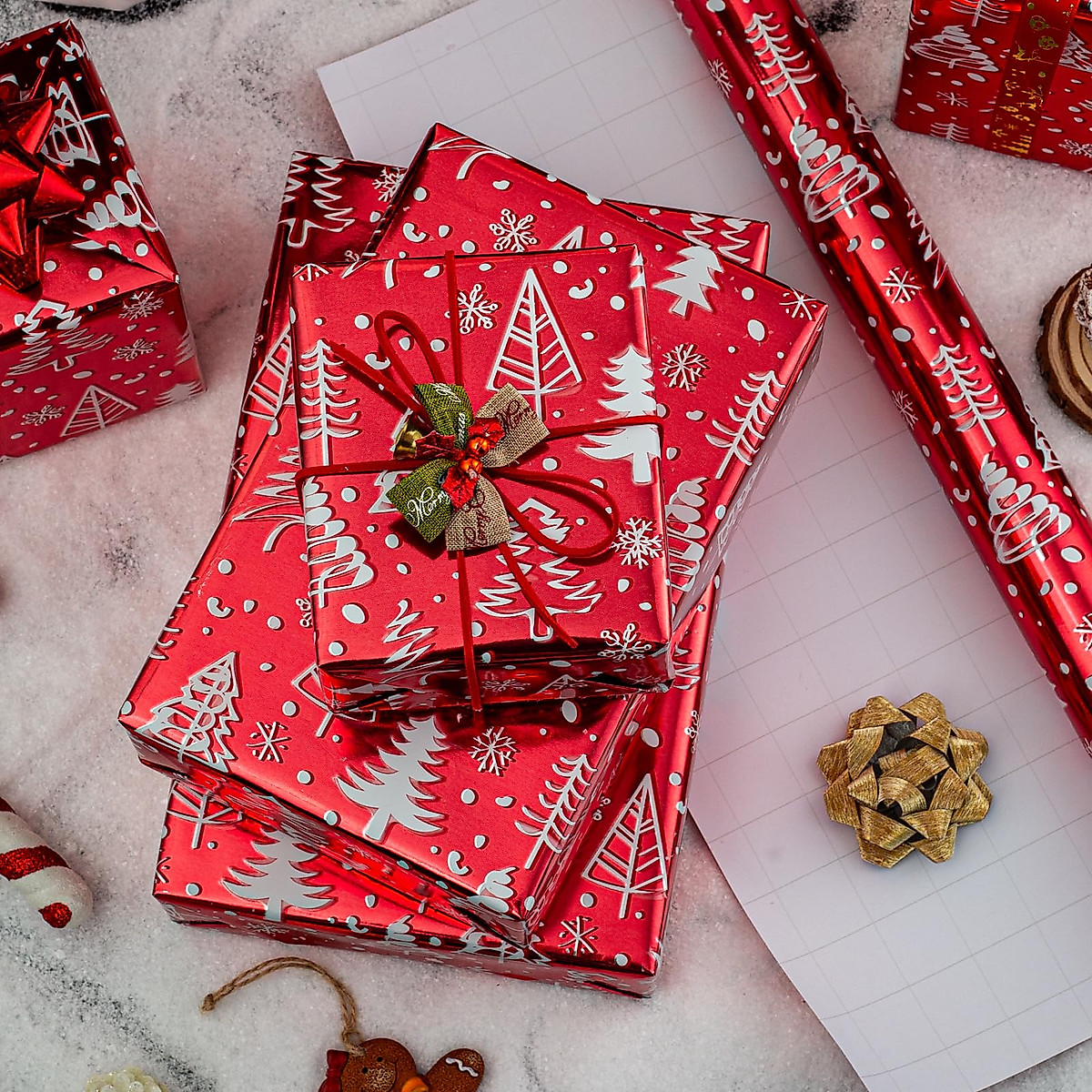 MAYPLUSS Christmas Red Wrapping Paper Roll - 17 Inch X 33 Feet - Luxury Metallic Shiny Red Christmas Tree and Snow Foil Roll Winter Holiday Gift Wrap Sheet for Party, DIY Crafts & Festive Decoration