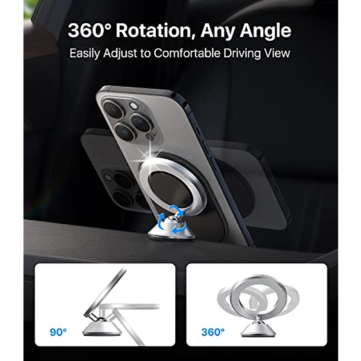 andobil Magnetic Phone Holder for Car [Fashion Bling, Invisible Mini] Compatible with MagSafe 3 Pop-Socket iPhone 14 Pro Max 13 12 S23 S22 15 etc, 360° Rotation Dashboard Mount, Cute Car Accessories