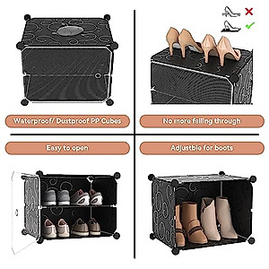 LANTEFUL Shoe Rack Organizer Shoe Storage Cabinet 8 Tiers 32 Pair Portable Shoe Storage Sturdy Plastic Black Shoe Shelf with Hooks Shoe Rack with Door for Entryway, Bedroom and Hallway