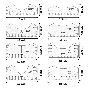 Koogel 8 Pcs Tshirt Ruler, T-Shirt Alignment Guide Tool Tshirt Ruler Guide T Shirt Rulers to Center Designs for Transparent V-Neck/Round T Ruler Children Youth Adult Front and Back Measurement